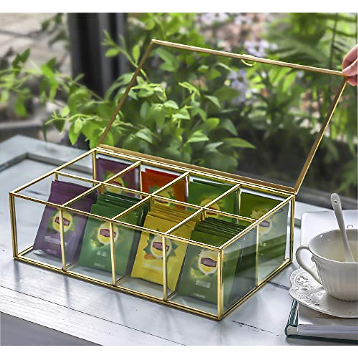 NCYP 12" Glass Tea Bags Box Organizer, Sugar Packets Storage Container, Decor 8 Grids Compartments Divided Handmade Brass Metal Frame Jewelry Counter Top Display Case Large, Glass Box Only