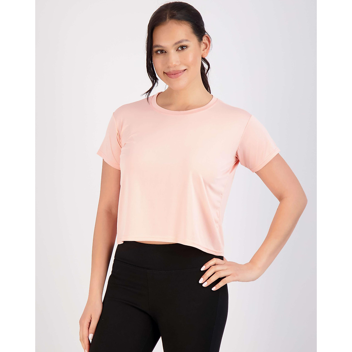 Real Essentials 5 Pack: Womens Crop Top High Waist Quick Dry Fit Active Wear Yoga Workout Athletic Running Gym Exercise Ladies Short Sleeve Crew Neck Moisture Wicking Tees T-Shirt Summer - Set 8, L