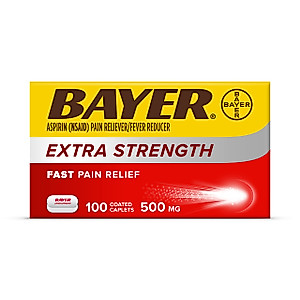 Bayer Extra Strength Aspirin 500 mg Coated Tablets, Pain Reliever and Fever Reducer, 100 Count (Packaging May Vary)