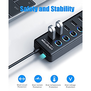 VANOTOM USB 3.0 Hub, 7-Port USB Hub Splitter with LED Individual On/Off Switches and 3ft Extended Long Cable for Laptop, MacBook, Surface Pro, PS4/5, Flash Drive, HDD