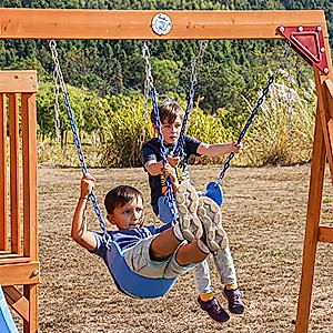 Dolphin Playground Wooden Swing Sets for Backyard with 2 in 1 Outdoor Table, Outdoor Playset for Kids 3-10 with Rock Climbing Wall, 6FT Wave Slide, Fort, and 2 Belt Swings, Playground Accessories