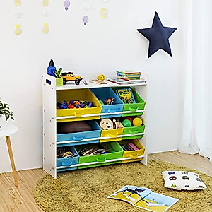 SONGMICS,Organizer and storage bins, Kid’s toy storage Unit with 9 Removable Non-Woven Fabric, Top Book Shelf, for Nursery Playroom, White UGKR31WT