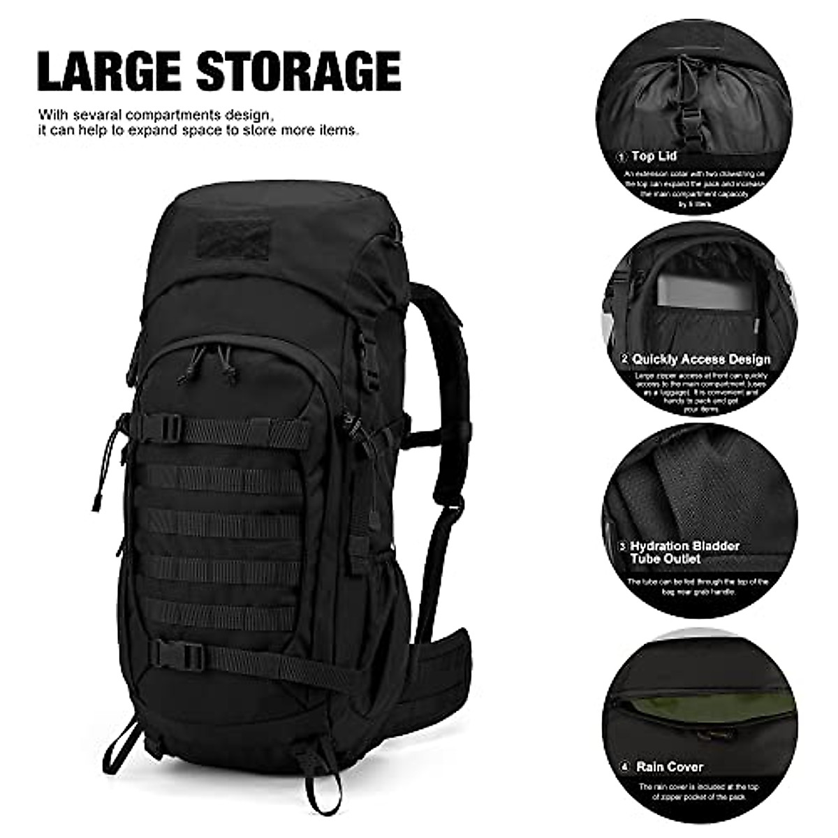 Mardingtop 50 Liter Internal Frame Backpack with Rain Cover for Military Camping Hiking Traveling Black-M5973