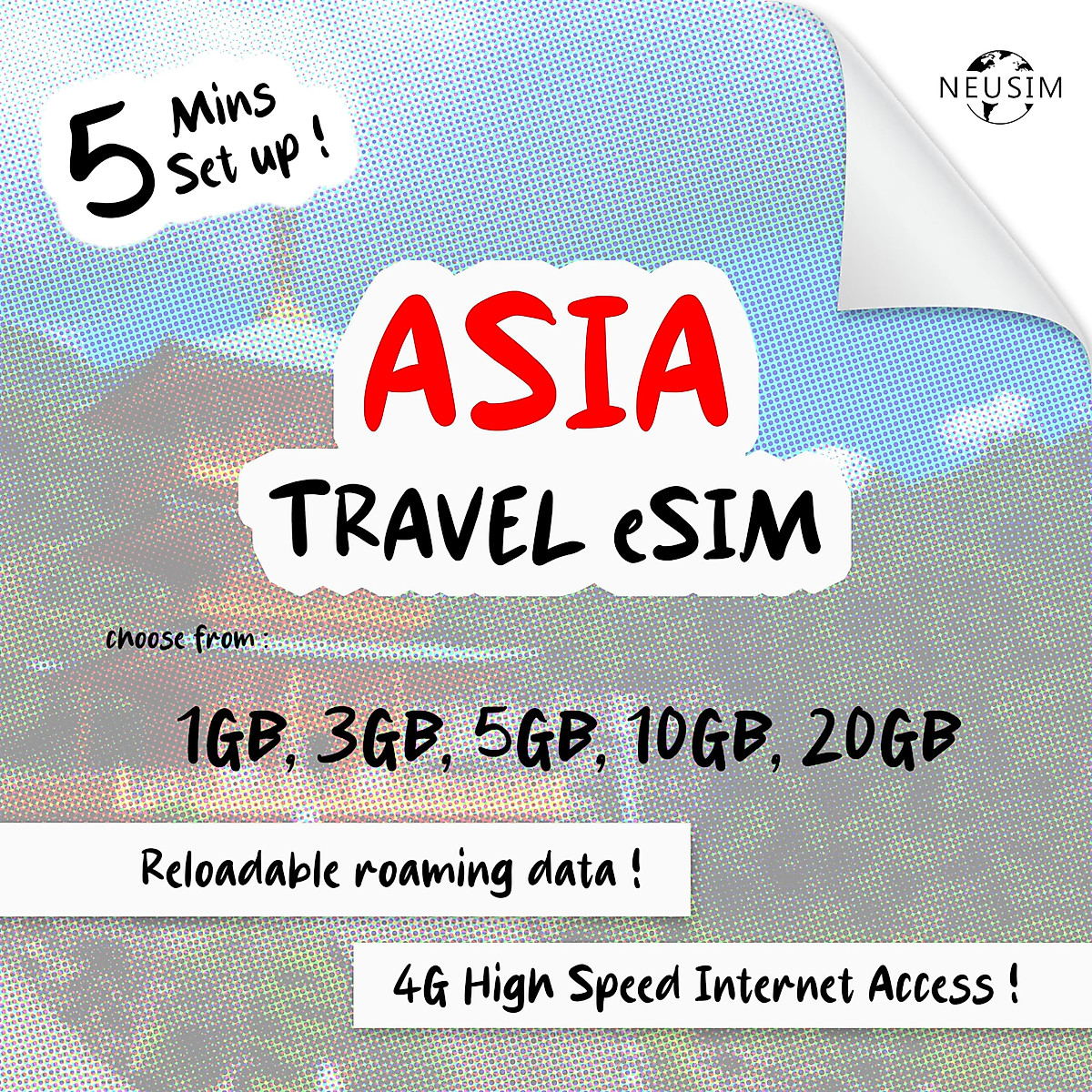Generic NeuSIM Asia eSIM 3GB for 30 Days - 10 Destinations | Same Day DELIVERY! (4G/5G Speed, No Mobile Number, No Registration Required)