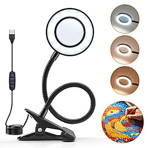 Magnifying Glass with Light 5X, 9w Clip on Light, 48 LED Desk Lamp wtih Clamp Light, 3 Modes Dimmable Magnifying Lamp, LED Desk Light, Clamp Lamp, Clip on Lamps for Bed Desk Work Crafts Workbench
