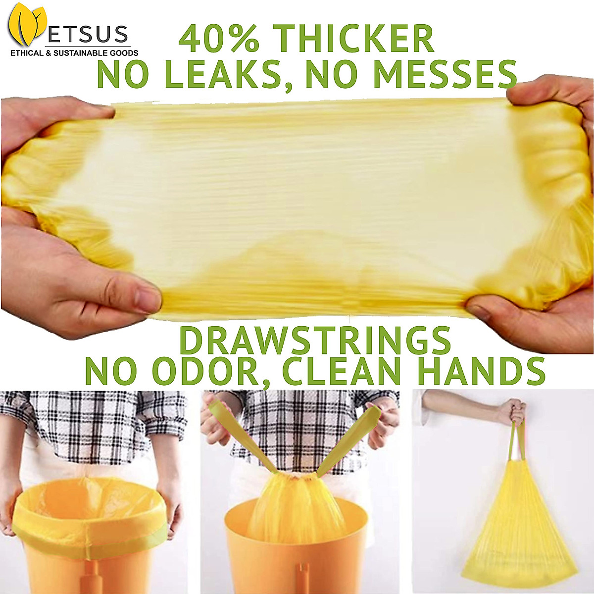 Biodegradable Trash Bags for 13 Gallon | 50 Liter Bin, Plant Based - 75 Count, Tall Kitchen Compost Bags with Drawstrings - Green Garbage Bags - 1.3 mil Thick Heavy Duty and Eco Friendly Trash Bags