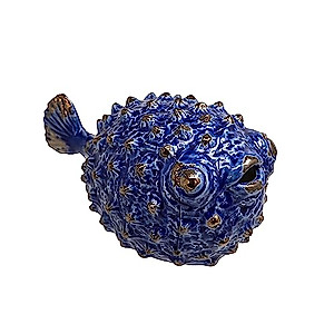 8" Puffer Fish Sculpture - Ceramic Blue Fish Figurine - Ocean Beach Theme - Contemporary Coastal Decorative Accent Statue for Home or Office Decor