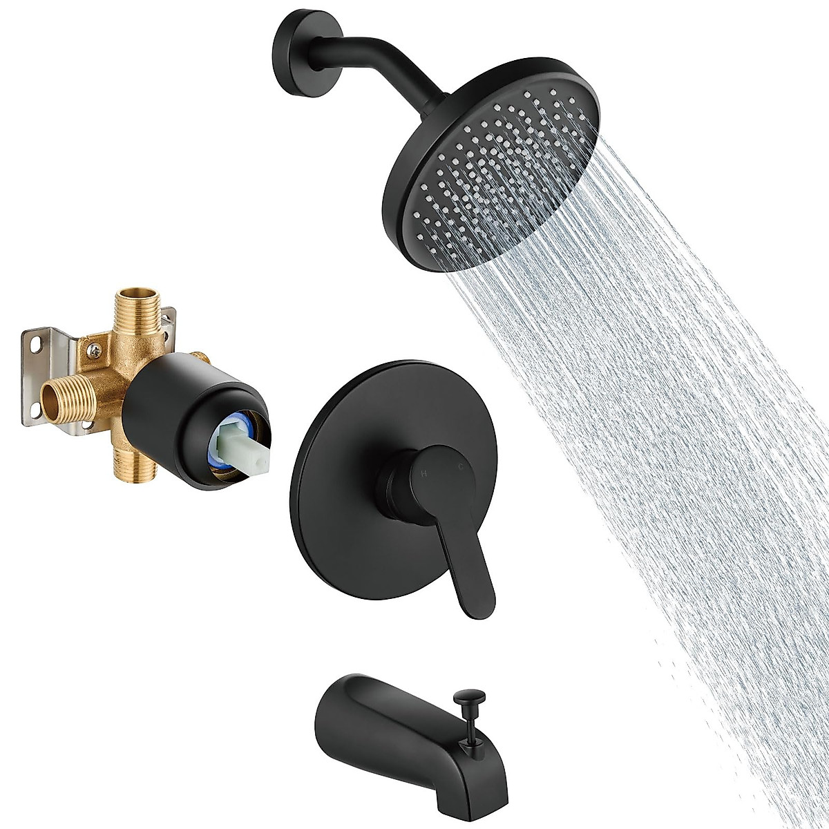 Aolemi Tub Shower Faucet Set With Valve Wall Mount Shower Trim Kit 6 Inch Bathtub Fixtures Rough-in Valve Single-Spray Shower Head System 5.3 Inch Tub Spout Matte Black Modern