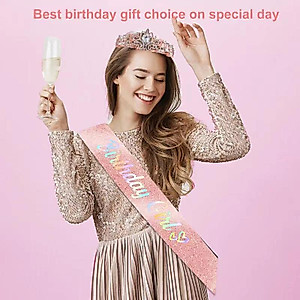 Birthday Crowns for Women, Unique Birthday Girl Sash, Rose Gold Metal Birthday Tiara for Women, Princess Birthday Headband Rhinestone Crown Bday Happy Birthday Party Decorations