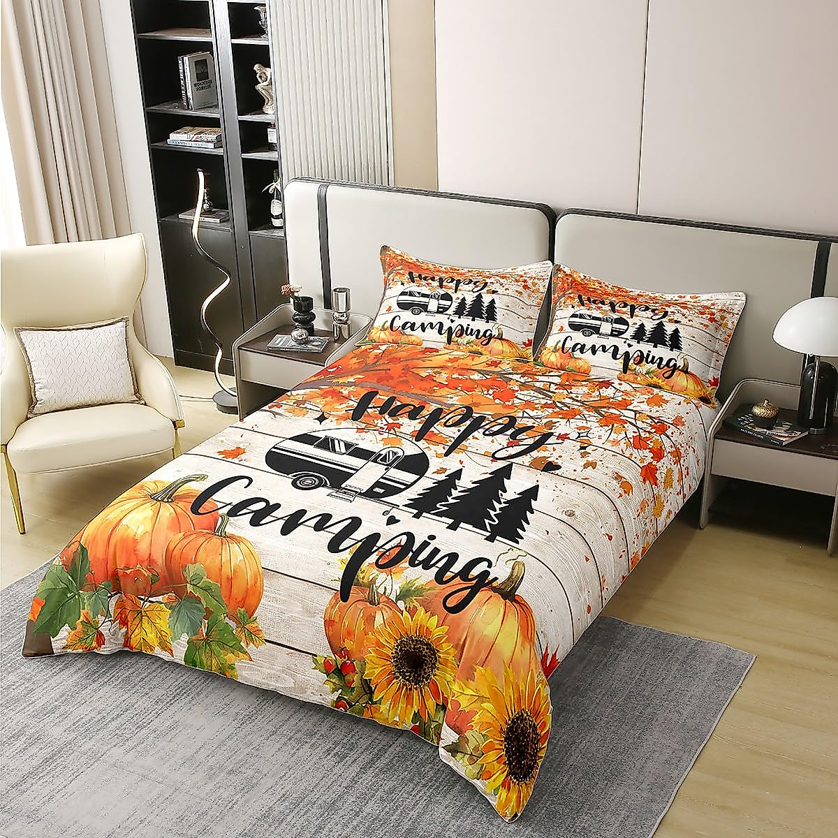 Happy Camping 100% Cotton Queen Duvet Cover Watercolor Orange Maple Leaves Pumpkin Bedding Set for Kids Teens Adults Retro Sunflowers Retro Wooden Stripes Comforter Cover,2 Pillowcases,No Comforter