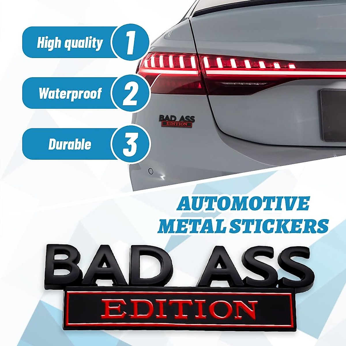 Zufoty Car Body Sticker, 3D Fender Badge Decal Car Sticker, Car Modification Label, 3D Letters Front Hood Badass Emblem Car Exterior Emblems Replacement Accessories Universal for Car Motorcycle SUV