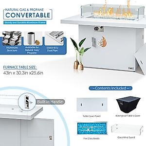 NICESOUL® 9 Pieces Aluminum Patio Furniture with Fire Pit Table Outdoor Conversation Set 43" Propane Gas Convertable Outdoor Modern Luxury Sectional Sofa Set White Color