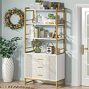 Tribesigns Gold White Bookshelf with 3 Drawers, Tall Ladder Shelf Bookcase with Storage, Modern Bookcases and Book Shelves 4 Shelf Organizer, Metal Wood Book Shelving Unit for Bedroom, Office