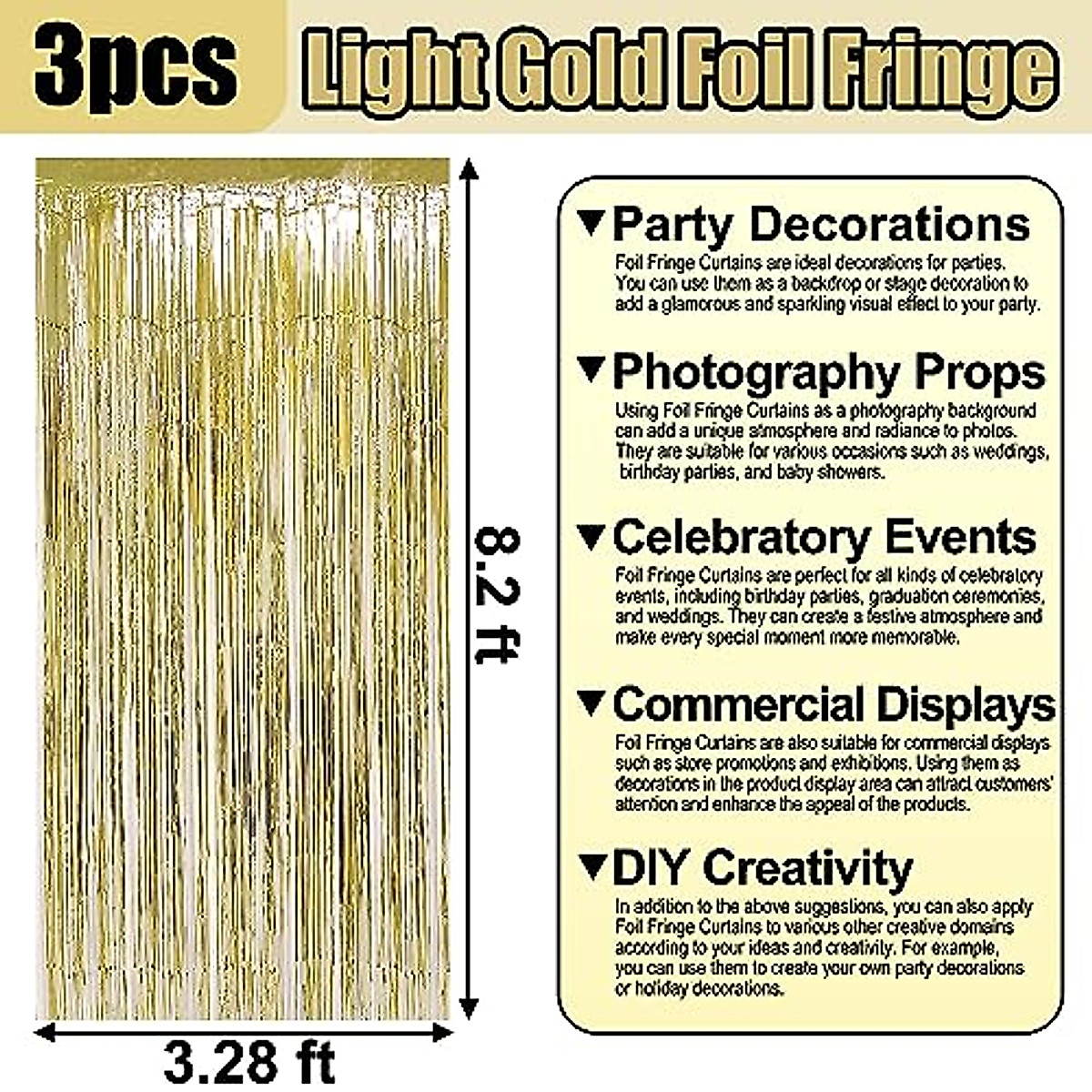 3 Pack Light Gold Foil Fringe Curtain Backdrop, 3.28Ft x 8.2Ft Metallic Tinsel Foil Fringe Streamer Curtains for Photo Booth, Halloween, Christmas, Birthday, Wedding Party Decorations