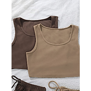 GORGLITTER Women's 2 Piece Tank Top and Sweatpant Sets Drawsting Jogger Sweatsuit Brown and Khaki Small