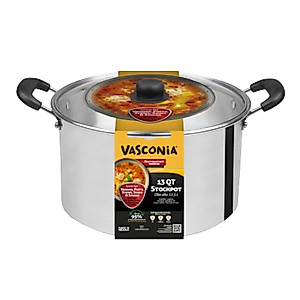 Vasconia Stock Pot with Glass Lid – Heat Resistant up to 390°F Aluminum Large Stock Pot for Pasta, Seafood, Gumbo, Tamales Soup Pot – Hand-Wash Only Kitchen Set - 13-QT Stove Tops Big Cooking Pot