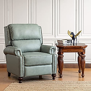 HULALA HOME Genuine Leather Recliner Chair, Classic and Traditional Push Back Recliner Chair for Living Room, Adjustable Leather Cigar Chair Recliner Vintage Sofa with Nail Head Trim,SAGE