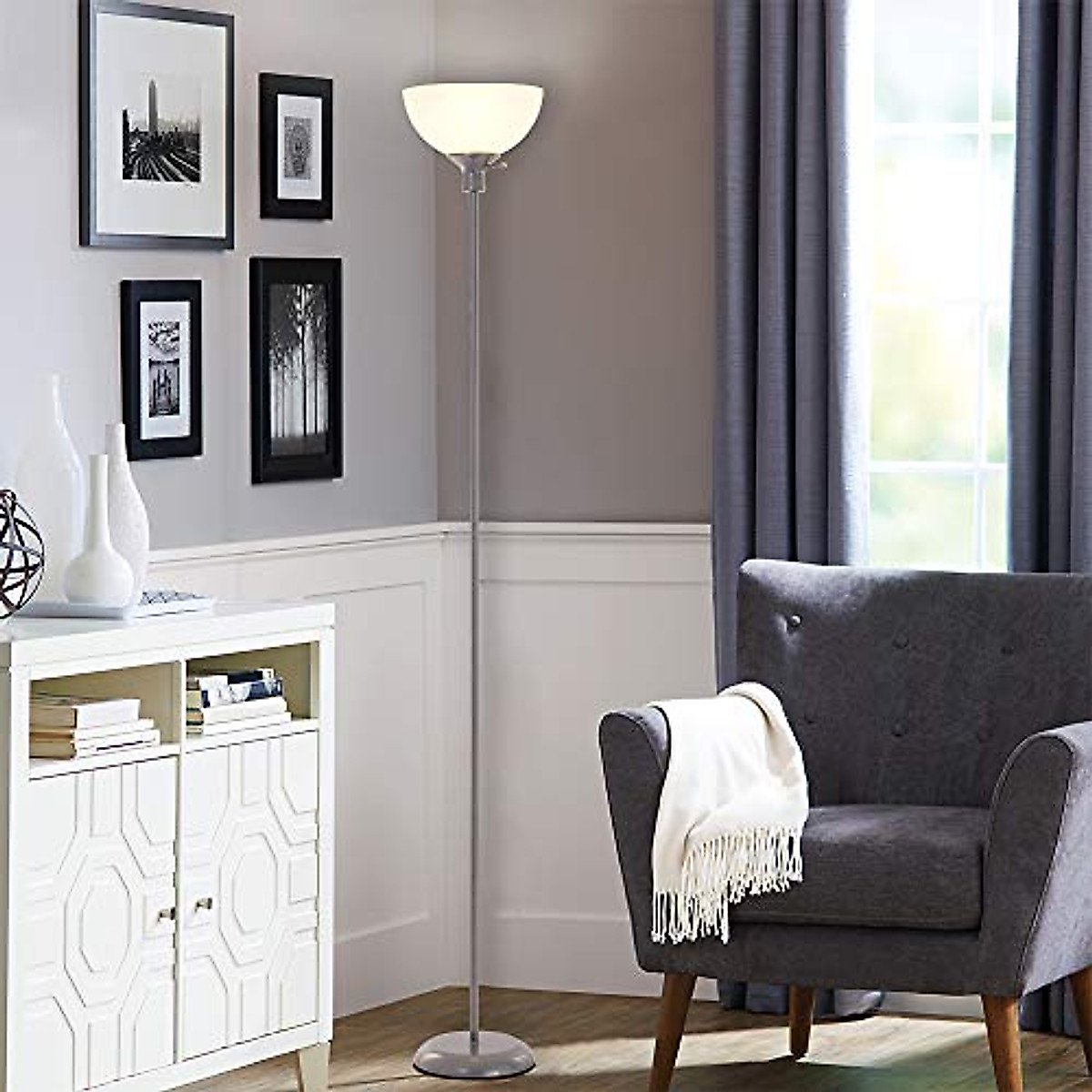 Catalina 20641-000 Traditional 3-Way Metal Torchiere Floor Lamp with White Plastic Shade, Silver Classic