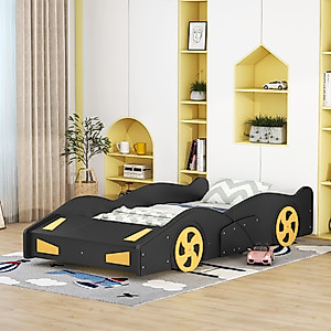 MiHunnor Twin Size Race Car-Shaped Platform Bed with Wheels and Storage, Wood Platform Bed Frame with Wooden Slat Support, Low Platform Bed for Kids Boys Girls Bedroom (Black+Yellow-76)