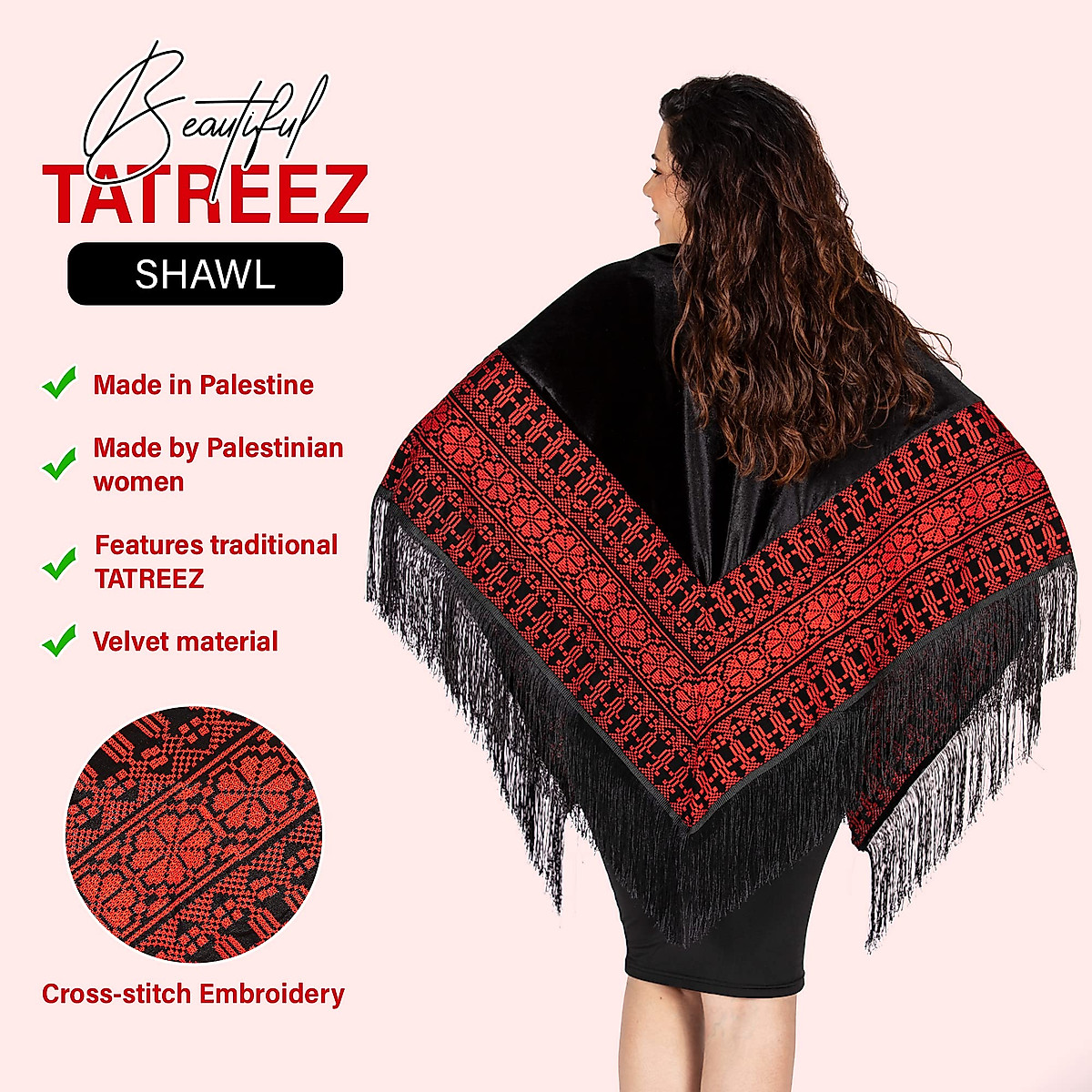 Palestinian Tatreez (Embroidery) Shawl made in Hebron featuring the classic red and black tatreez colors