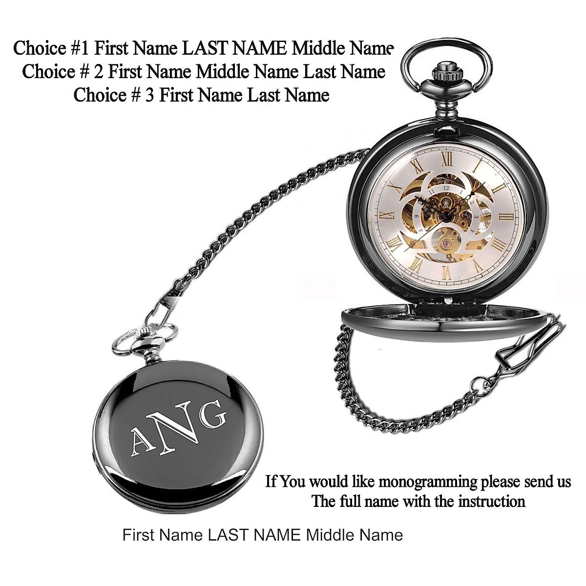 Personalized Antique Mechanical Movement Gunmetal Pocket Watch Custom Engraved Free with Gift Box - Ships from USA, PW51