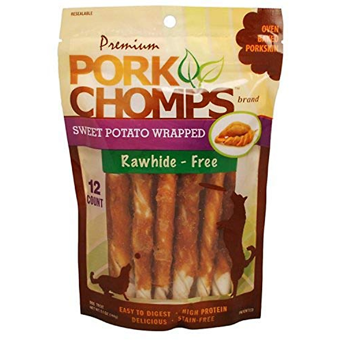 Pork Chomps Baked Pork Skin Dog Chews, 5-inch Mini Twists, Real Sweet Potato Wrap, 12 Count