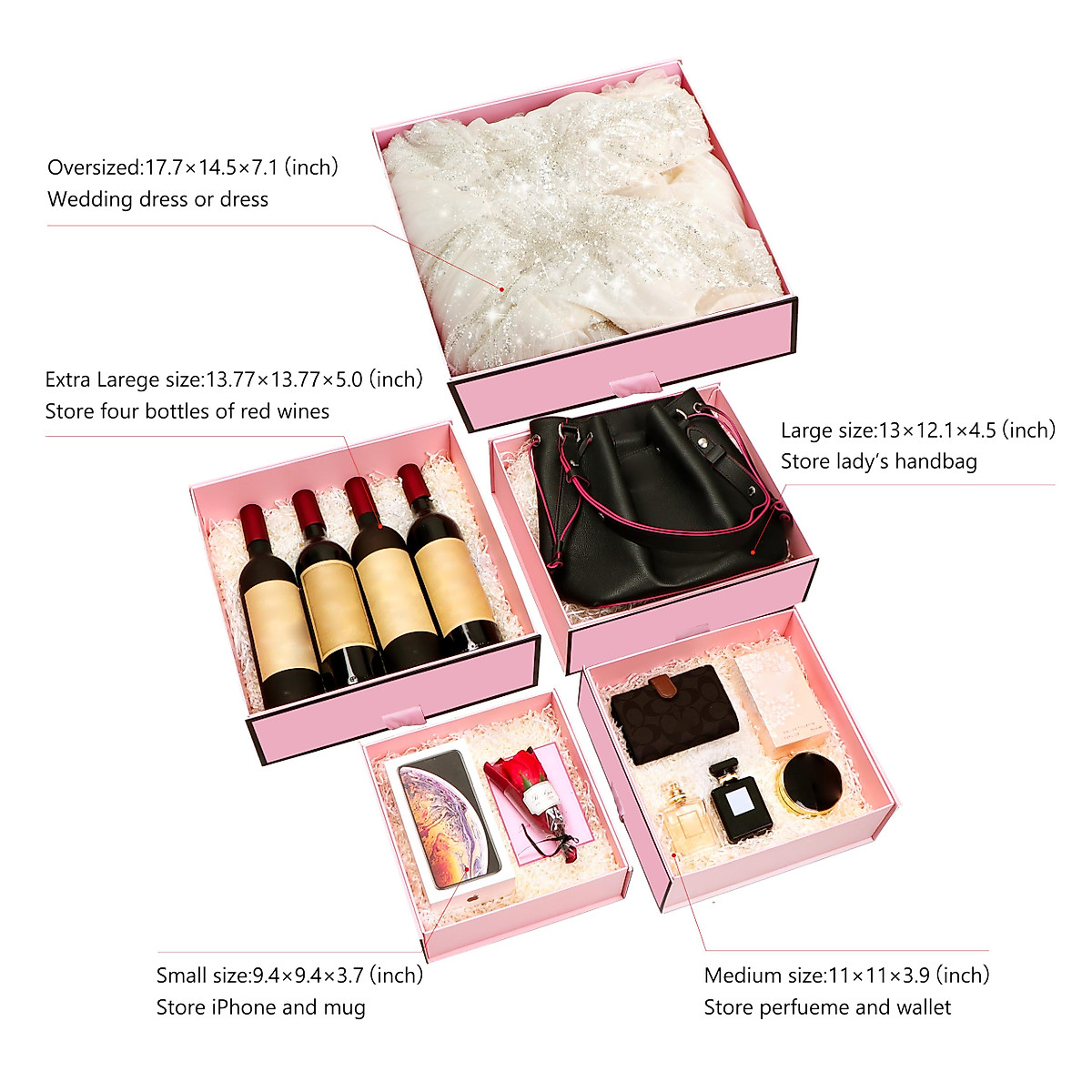 JiaWei Gift Box 9.4x9.4x3.7 Inches, Luxury Gift Boxes with Lid and Ribbon, Magnetic Hard Cardboard Gift Box, Collapsible Bridesmaid Proposal Box, Decorative Box for Presents, Wedding, Birthday(Pink)