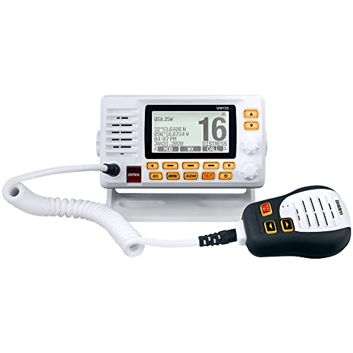 Uniden UM725 Marine VHF Radio, All USA, Canada, and Int'l. Marine Channels, 1Watt/25Watt Transmit Power, Largest LCD Screen in Class, NOAA Weather Channels w/Alerts, Speaker Mic, IPX8 Waterproof.