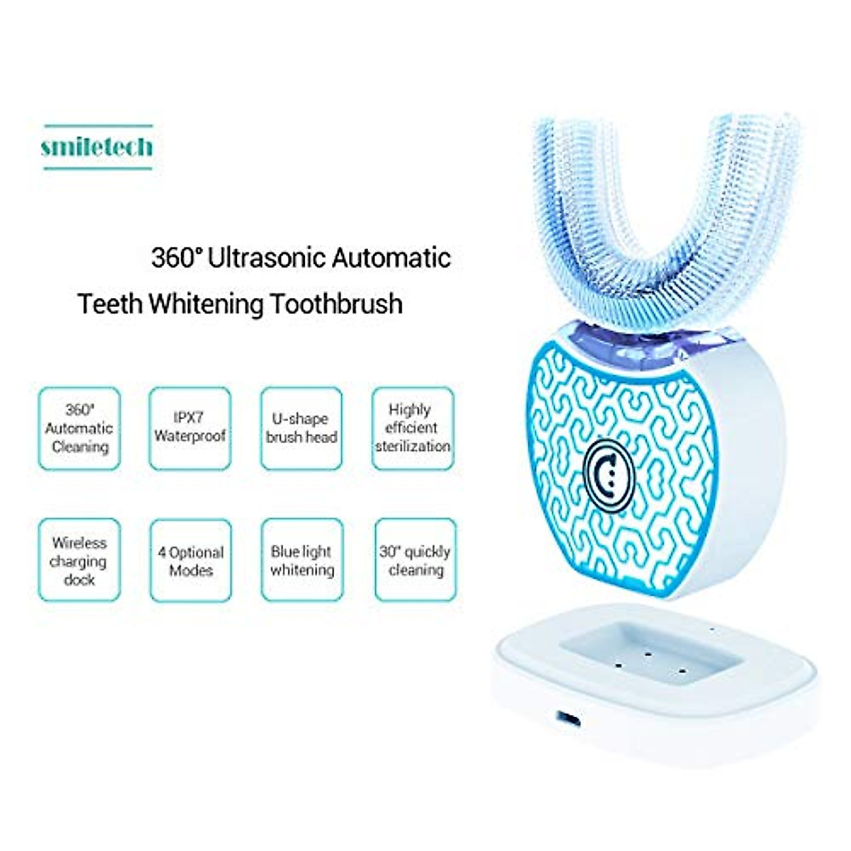 Smiletech Automatic Toothbrush,Sonic Toothbrush, with LED Blue Light 360° U-Shaped Full-Mouth Toothbrush Design, IPX7 Waterproof (White)