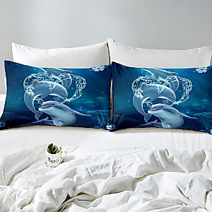 3D Dolphin Print Bedding Set,Moonlight at Night Comforter Cover Set for Teens Women Room Decor,Sea Animals Duvet Cover Breathable Dolphin Jumping Bedspread Cover Full Size,Blue(No Comforter)