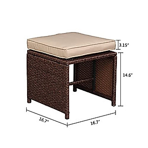 9 Pieces Wood Grain PE Wicker Rattan Dining Ottoman with Tempered Glass Table Patio Furniture Set, Stylish and Durable Patio Furniture for Outdoor, Wicker Patio Dining Set