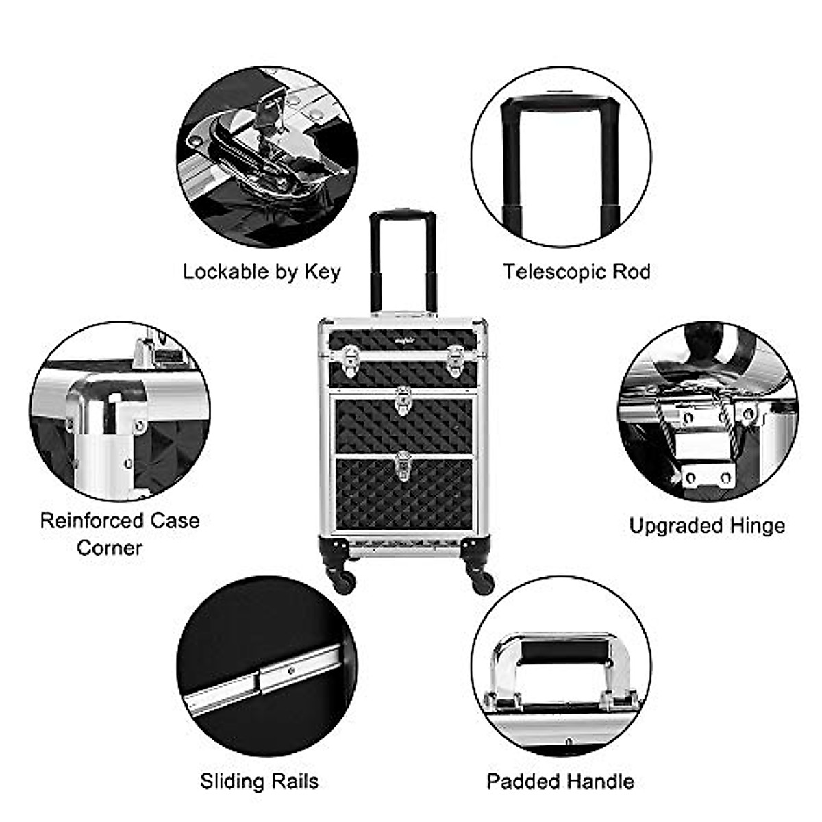 mefeir Aluminum Rolling Makeup Train Case, Portable Makeup Organizer Suitcase, Cosmetic Storage Box, Travel Beauty Luggage Trolley Lockable w/4 Removable Wheels & 2 Sliding Drawers (Black)