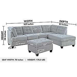 Casa Andrea Milano LLC 3 Piece Modern Tufted Micro Suede L Shaped Sectional Sofa Couch with Reversible Chaise & Ottoman, Large, Grey