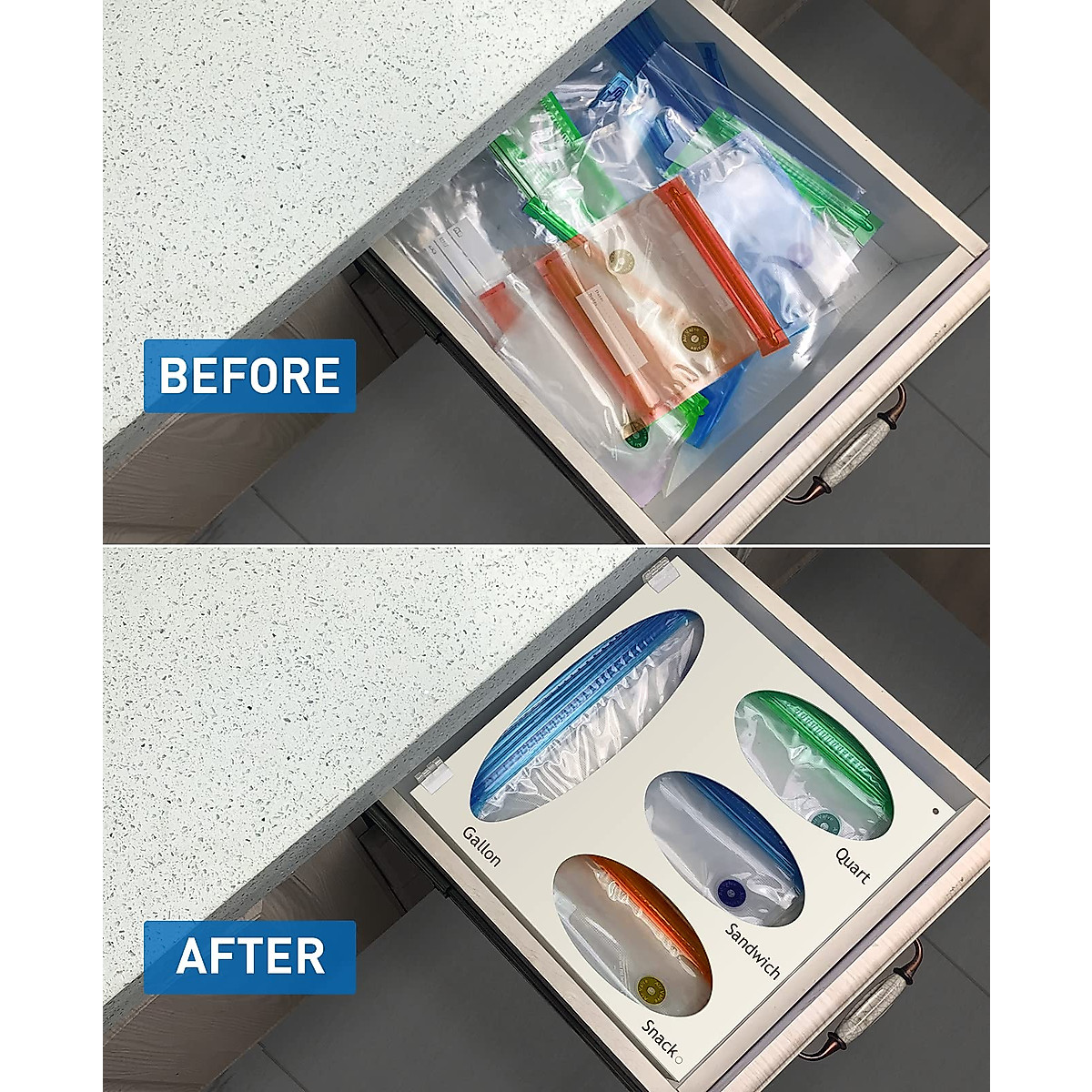 Egchi 4 Holes Ziplock Bag Storage Organizer, Acrylic Kitchen Drawer Baggie Box for Ziploc, Solimo, Hefty, Glad, Compatible with Gallon, Slider Quart, Freezer, Sandwich, Snack, Assorted Size（White）