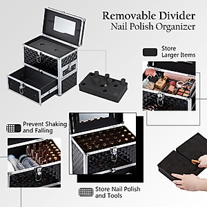 Frenessa Nail Polish Makeup Train Case with Drawer and Dividers Manicure Organizer Accessory Storage Makeup Box With Mirror Lockable Keys Nail Kit Organizer Cosmetic Case Jewelry Box - Black
