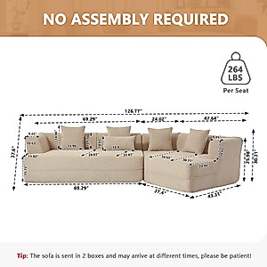 Aoowow 126" Modular Sectional Sofa Couch, Modern Minimalist Sofa Comfy Upholstered L Shaped Sofa with 5 Pillows, Boucle and Anti-Wrinkle Fabric, 3 Seater Couch for Living Room, Apartment, Camel