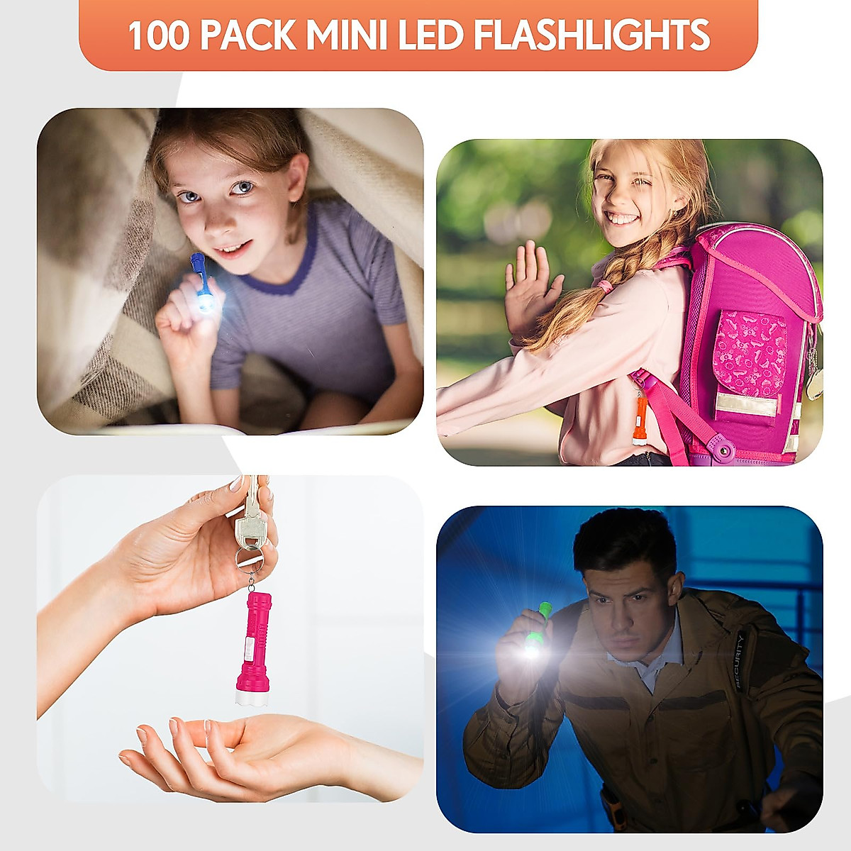 Kigeli 100 Pcs Mini Flashlight Keychain Bulk for Kids Small LED Keyring Mini Pocket Flashlights, Bright Tiny Light, 4 Colors for Hiking Camping Night Reading Dog Walking Halloween Party