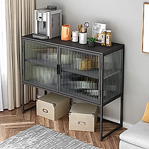 NOSGA Retro Style Fluted Glass Sideboard Storage Cabinet Simple Modern Console Table Detachable Wide Shelves Enclosed Dust-Free Storage Bottom Space for Living Room Bathroom Dining Room,Gray