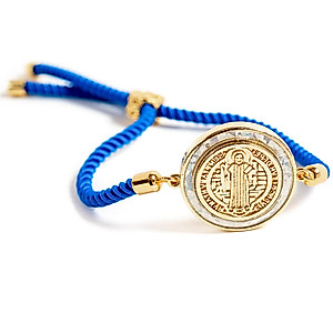 Alea Collection Catholic Blessed Saint Benedict Medal 18K Gold Plated Bracelet Blue String Religious Jewelry