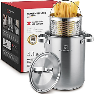 WAGENSTEIGER Premium Stainless Steel Asparagus Steamer Pot or Spaghetti Pasta Stovetop Cooker with Perforated Steamer Basket, Tall & Large Size, Versatile Cookware, 3-Ply Base(4.3Liters/1.14Gals)