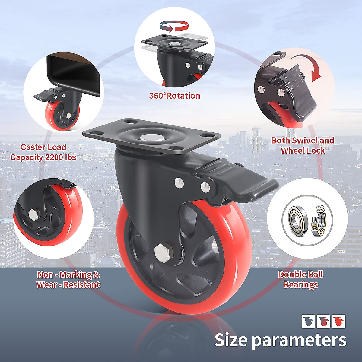 5 Inch Caster Wheels with Brake, Casters Set of 4 Heavy Duty 2000LBS, Safety Dual Locking Industrial Casters, Polyurethane Foam No Noise Wheels for Cart, Workbench(Two Hardware Kits Provided)