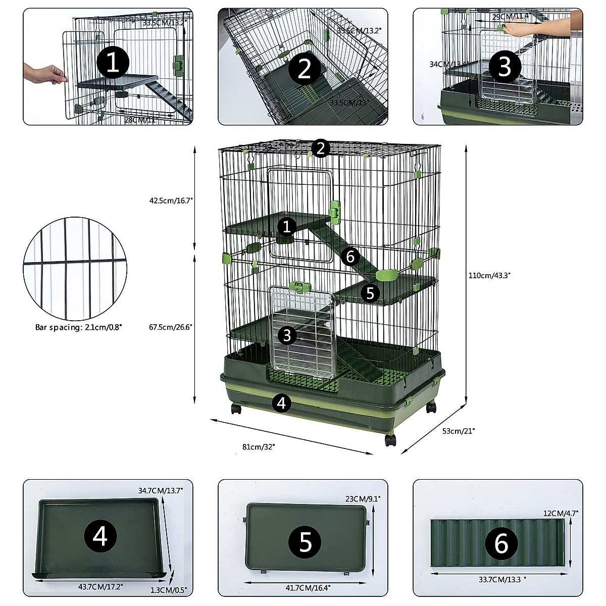 Gecheer 4-Tier 32" Small Animal Metal Cage Height Adjustable with Lockable Casters Grilles Pull-Out Tray for Rabbit Chinchilla Ferret Bunny Guinea Pig Squirrel Hedgehog Green
