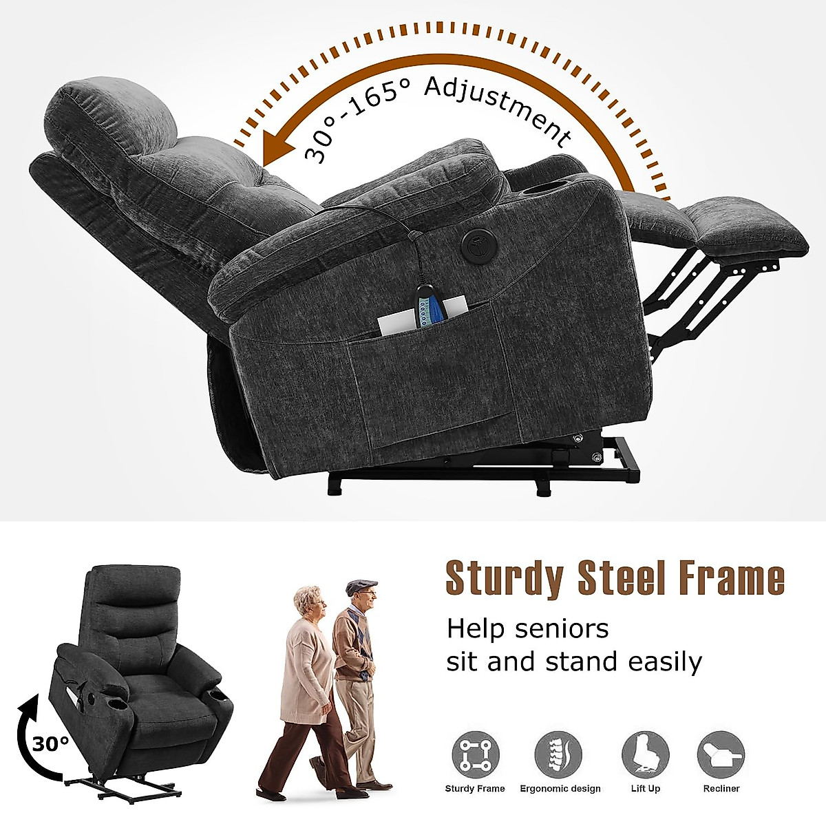 LAVHOME Electric Power Lift Recliner Chair Sofa with Massage and Heat,3 Positions,2 Side Pockets and Cup Holders,USB Ports,High-end Quality Fabric for Home Living Room Bedroom,Gray, Grey