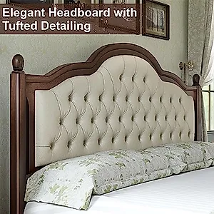 AMERLIFE Solid Wood Bed Frame Queen Size, Transitional Platform Bed with 52.5" Upholstered Tufted Headboard, Rubberwood/Roman Column Accents/Wood Slat Support/No Box Spring Needed