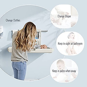 PLUSSEN Baby Changing Station Wall Mounted, Fold Down Commercial Baby Changing Station with Adjustable Safety Strap, Storage Box,Horizontal-X1005