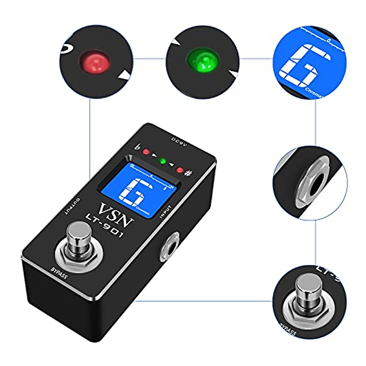 VSN Tuner Pedal,Chromatic Guitar Tuner Pedal Fast and Accuate Tuner for High Precision ± 1 Cent with Pitch Indicator for Electric Guitar and Bass True Bypass LT-901