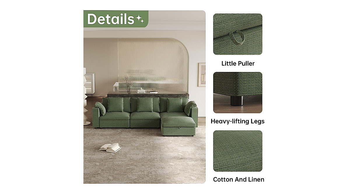 Guyii Sectional Sofa Couch, Modern Luxury Oversized 4-Seater Green Sofa with Storage Ottoman ...