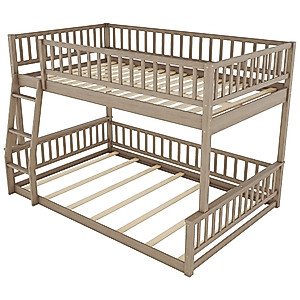 ATY Full XL Over Queen Bunk Bed, Convertible Wooden Bedframe with Ladder and Guardrails, Can Bed Seperated into 2Beds, for Kids Bedroom, Dorm, No Spring Needed, 84.7" L x 63.7" W x 58.3" H,Natural
