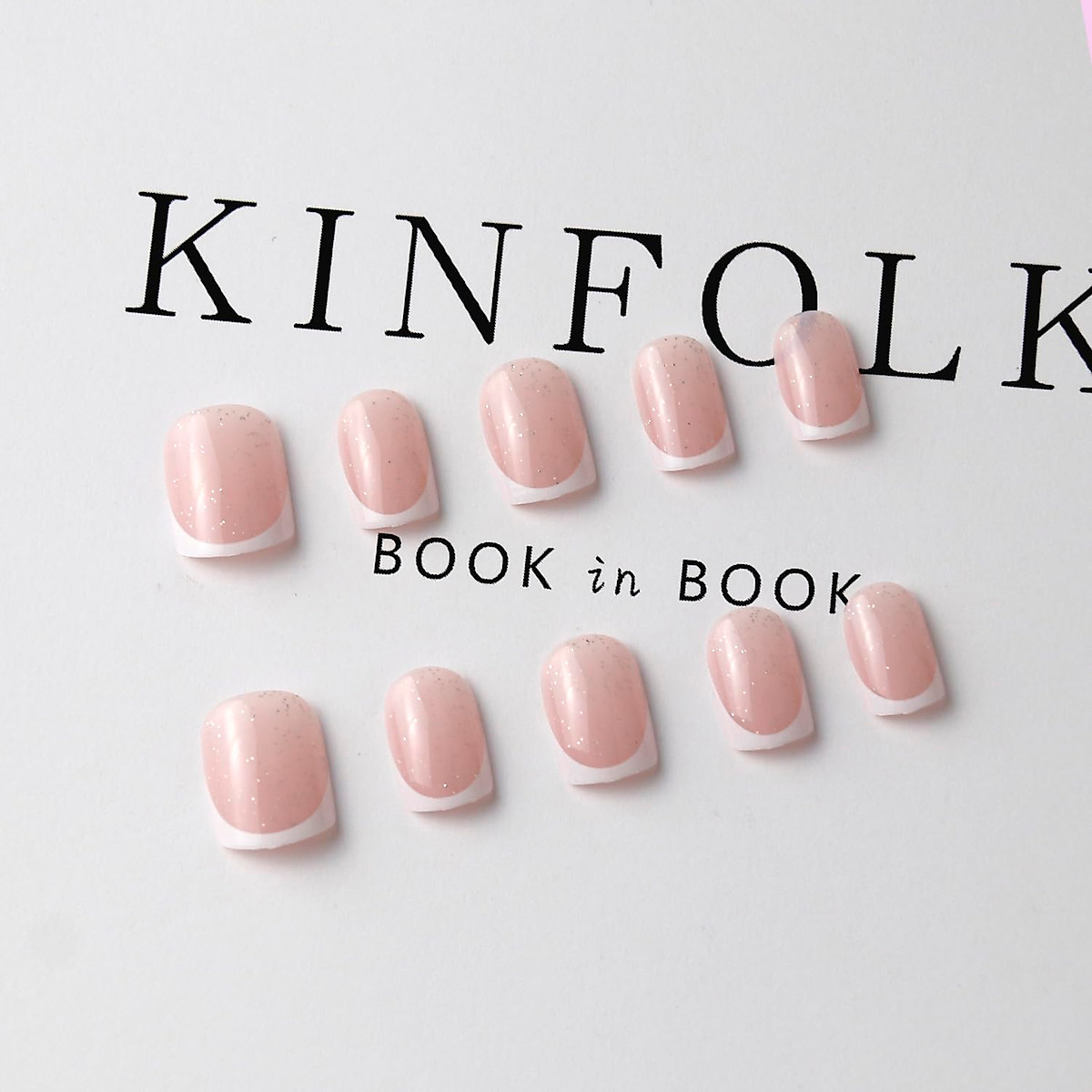 BFY French Press on Nails Short Square Fake Nails, Classic White French Tip Acrylic Nails, Glitter Nude Glossy Gel False Nails Kits Salon Quality Stick Glue on Nails Tip 24 Pcs