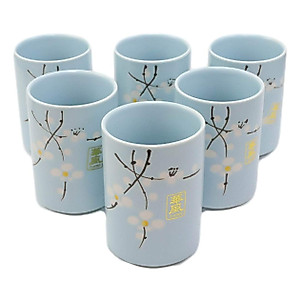 Ebros Gift Pack Of 6 Japanese Sakura Cherry Blossom Floral Branches Pastel Sky Blue Porcelain 10oz Tea Cup Set Teacups Home Kitchen Restaurant Decorative Accent